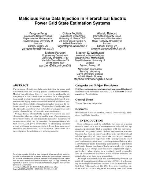 Pdf Malicious False Data Injection In Hierarchical Electric Power Grid State Estimation Systems