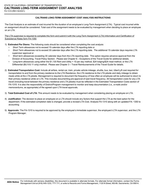 Form Fa 1310 Download Fillable Pdf Or Fill Online Caltrans Long Term Assignment Cost Analysis