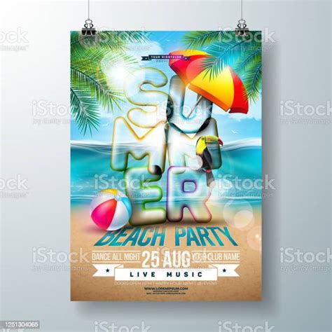 벡터 여름 해변 파티 플라이어 디자인 3d 타이포그래피 편지와 바다 풍경 배경에 열대 팜 잎 배너 전단지 초대 또는 축하
