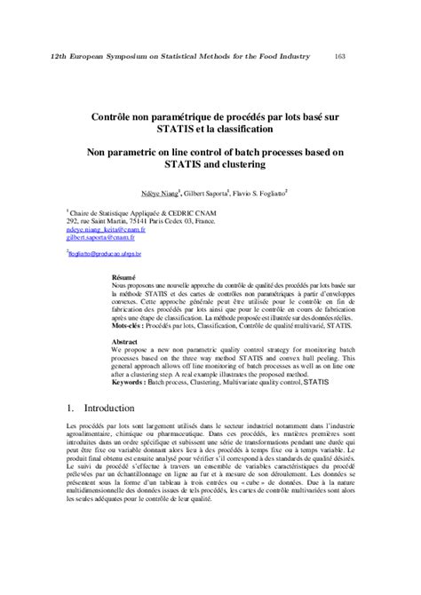 Pdf Non Parametric On Line Control Of Batch Processes Based On Statis And Clustering Ndeye