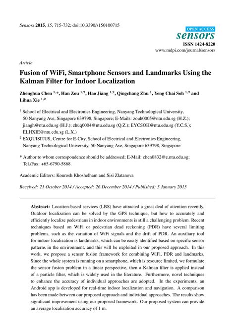Pdf Fusion Of Wifi Smartphone Sensors And Landmarks Using The Kalman