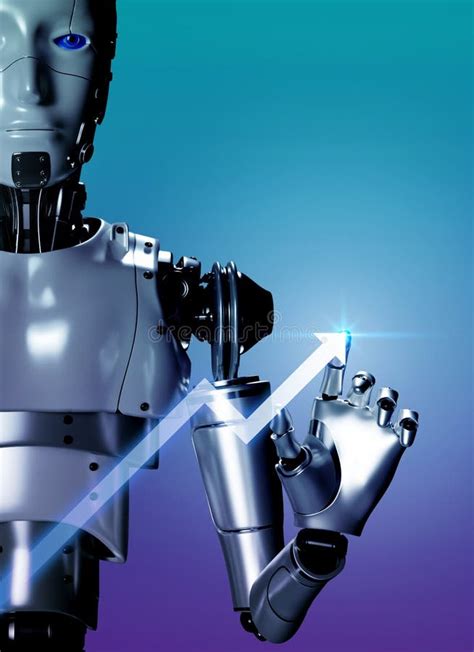 3d Rendering Smart Robot Draws Rising Arrow On Growth Graph On Blue Background Vertical Style