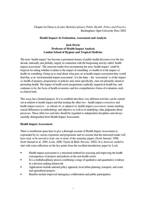 Pdf Health Impact Its Estimation Assessment And Analysis
