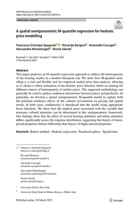 PDF A Spatial Semiparametric M Quantile Regression For Hedonic Price Modelling