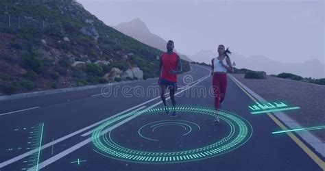 Animation Of Scope Scanning And Data Processing Over African American Runners Stock Footage