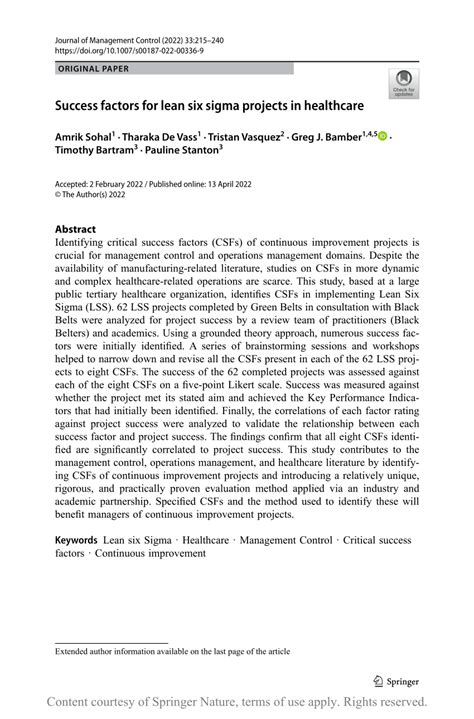 Pdf Success Factors For Lean Six Sigma Projects In Healthcare