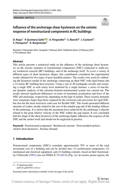 Pdf Influence Of The Anchorage Shear Hysteresis On The Seismic Response Of Nonstructural