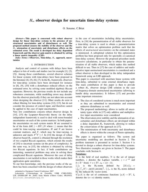 Pdf H ∞ Observer Design For Uncertain Time Delay Systems