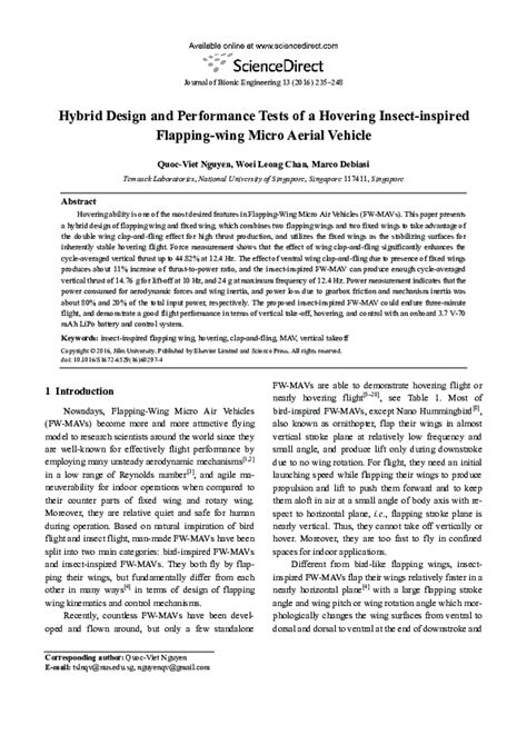 Pdf Hybrid Design And Performance Tests Of A Hovering Insect Inspired Flapping Wing Micro