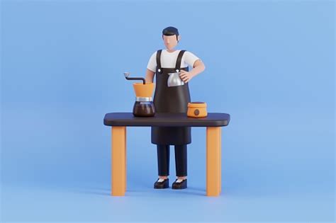 고객 3d 일러스트레이션을 위해 커피를 만드는 바리스타 카페에서 커피를 만드는 남성 바리스타 3d 일러스트레이션 3차원 형태에 대한 스톡 사진 및 기타 이미지 Istock