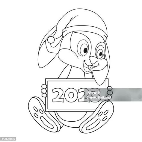 무색 만화 산타 모자를 쓴 토끼가 앉아서 2023 년 텍스트가있는 카드를 들고 발에 있습니다 토끼와 함께 색칠 공부를위한 흑백