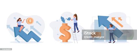 재무 성장 그림 세트 투자를 분석하고 재정적 성공과 돈 성장을 축하하는 캐릭터 돈 증가 개념 벡터 일러스트레이션 개념에 대한 스톡 벡터 아트 및 기타 이미지 Istock