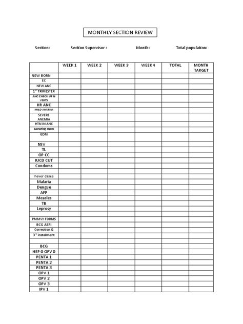 Monthly Section Review Report Detailing Key Population Health Metrics Service Utilization And