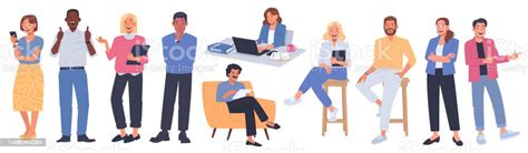 다양한 행동을하는 사업가들 남자와 여자는 일하고 의사 소통하고 몸짓을합니다 사무실 문자 집합입니다 플랫 스타일의 벡터 그림 개성 개념에 대한 스톡 벡터 아트 및 기타 이미지