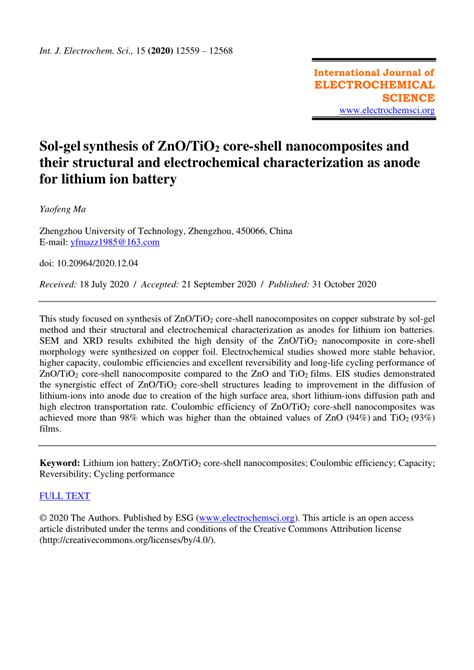 Pdf Sol Gel Synthesis Of Zno Tio2 Core Shell Nanocomposites And Their Structural And