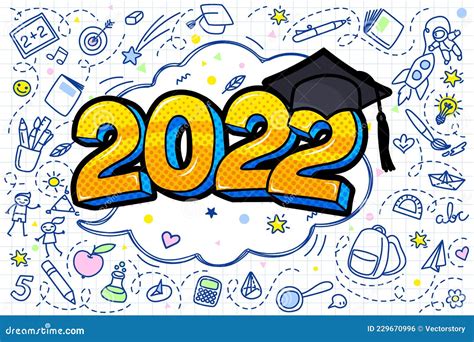 Concept Of A Graduating Class Of 2022 Numbers With Graduation Cap In Pop Art Style Vector