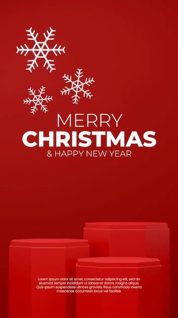 세로 빨간색 벽과 눈송이 3d 이미지 렌더링 이랑 템플릿 크리스마스 실린더 연단 프리미엄 Psd 파일