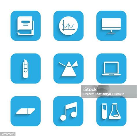 프리즘 음표 음색 시험관 및 플라스크 노트북 지우개 또는 고무 문구 칼 컴퓨터 모니터 화면 및 책 아이콘에 광선을 설정합니다