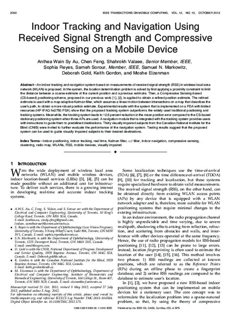 Pdf Indoor Tracking And Navigation Using Received Signal Strength And Compressive Sensing On A