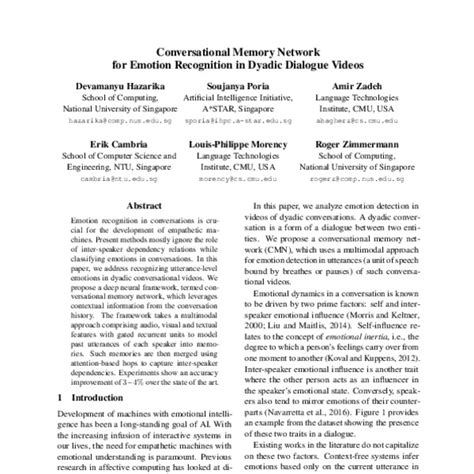 Conversational Memory Network For Emotion Recognition In Dyadic Dialogue Videos Acl Anthology