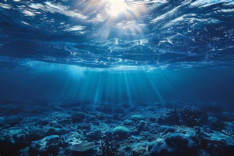 Underwater View Of Ocean Water Dark Blue Color Close Up Deep Sea