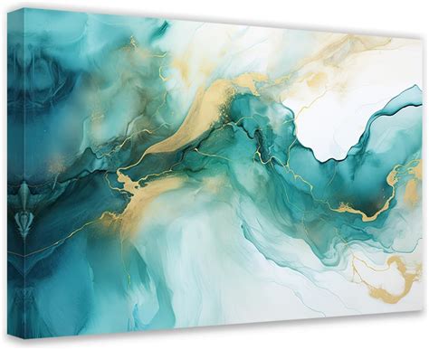 Qixiang Teal And Gold Abstract Wall Decor Abstract Canvas