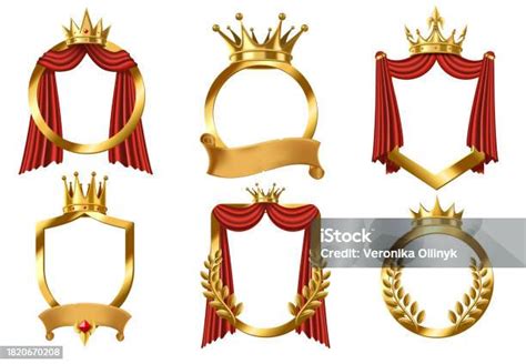 황금 왕관을 쓴 프레임 황금 월계관 왕실 방패 왕관이 있는 프리미엄 엠블럼 모형으로 아바타 및 인증서 디자인을 제공합니다 3d 벡터 일러스트 세트 왕관에 대한 스톡 벡터