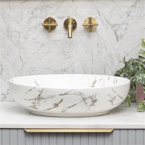Ellipse 520mm X 395mm Above Counter Basin Fired Matte Calacatta Enflair