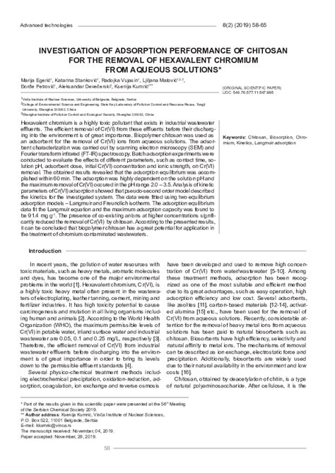 Pdf Investigation Of Adsorption Performance Of Chitosan For The Removal Of Hexavalent Chromium