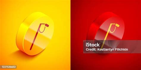 주황색과 빨간색 배경에 격리된 등각칭 마이크 아이콘입니다 공기 라디오 마이크 마이크에 스피커 기호입니다 원 버튼 벡터 일러스트레이션 3차원 형태에 대한 스톡 벡터 아트 및