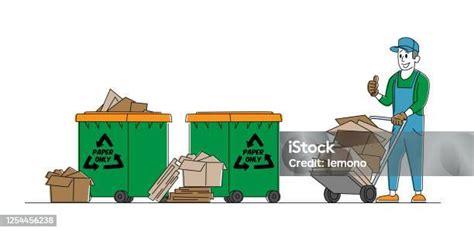 종이 폐기물 또는 쓰레기 재활용 개념 카트리와 중고 판지 더미를 가진 관리인 캐릭터는 쓰레기통재활용에 서 있습니다 생태 보호 폐기물 재사용 솔루션 선형 벡터 일러스트레이션