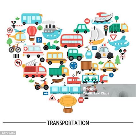 벡터 운송 하트 모양의 프레임은 버스 자동차 보트 트럭과 함께 있습니다 배너 초대장에 대한 다양한 종류의 운송이 가능한 카드 템플릿 디자인 자전거 비행기 기차가 있는 귀여운