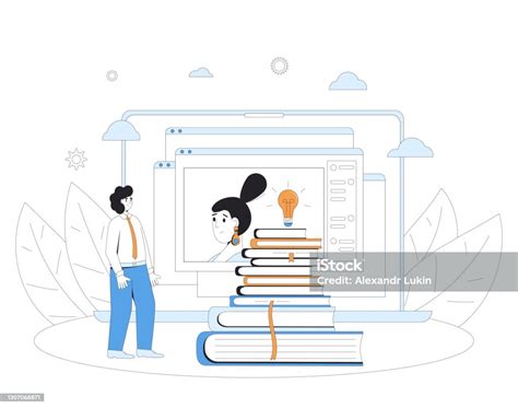 온라인 성인 교육 디지털 학습 컴퓨터 화면에서 서로 이야기하는 사람들 교사와 학생 인터넷 웨비나 또는 온라인 비디오 교육 벡터 라인 아트 플랫 일러스트레이션 강사에 대한