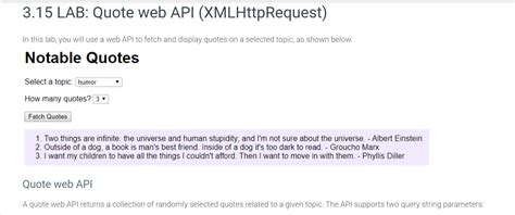 Solved 3 15 LAB Quote Web API XMLHttpRequest In This Lab Chegg