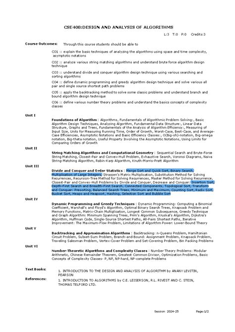CSE Design AND Analysis OF Algorithms CSE DESIGN AND ANALYSIS OF ALGORITHMS Course