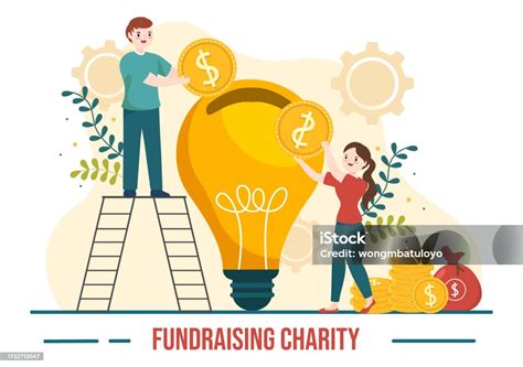 기금 모금 자선 단체 및 기부 벡터 일러스트레이션 자원 봉사자들이 재정 지원 만화 배경의 기부 상자에 동전이나 돈을 넣는 모습 Charitable Foundation에 대한