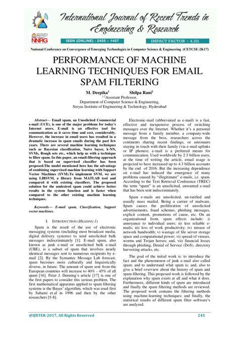 Pdf Performance Of Machine Learning Techniques For Email Spam Filtering