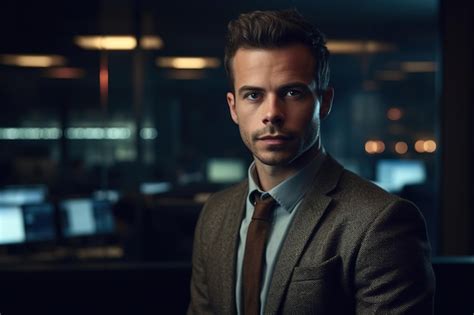 Premium Ai Image A Man In A Suit Stands In Front Of A Computer Screen