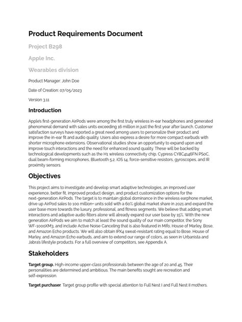 Sample Product Requirements Document Pdf Headphones Electronics