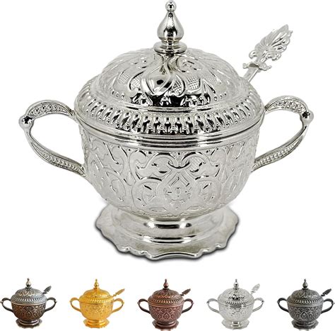 6 Oz Embossed Metal Sugar Bowl With Lid And Spoon