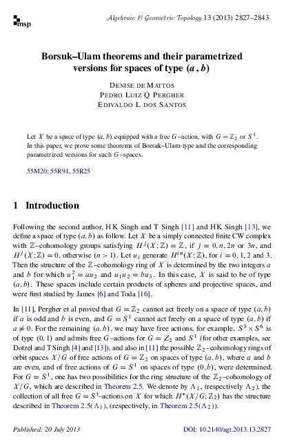 Pdf Borsuk Ulam Theorems And Their Parametrized Versions For Spaces Of Type A B Pedro Luiz