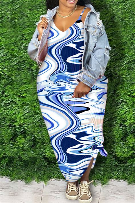 Wholesale Blue Sexy Casual Plus Size Print Backless Spaghetti Strap
