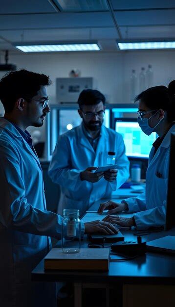 Team Of Scientist Discussing And Typing On Pc Late At Night Working In