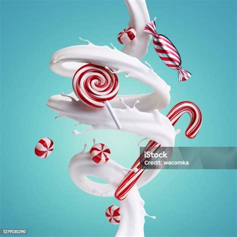나선형 우유 스플래시 줄무늬 캐러멜 과자 및 파란색 배경에 고립 된 사탕 지팡이의 3d 렌더링 흰색 튀는 액체 물결 모양의 제트와 치료 부양 크리스마스 음식 일러스트레이션