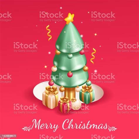 사실적인 3d 아이소메트릭 일러스트레이션 만화 별과 함께 반짝이는 밝은 나무 메리 크리스마스와 새해 복 많이 받으세요 버블 볼 선물 상자 깜짝 선물 벡터 일러스트 레이 션
