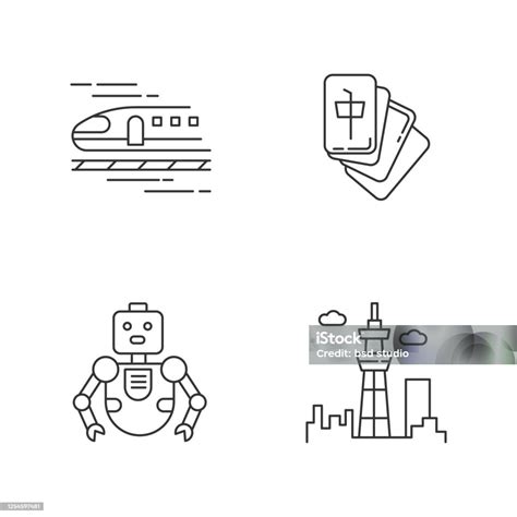 일본 픽셀 완벽한 선형 아이콘 세트 아시아 총알 열차 신칸센 전통적인 일본어 속성 사용자 정의 가능한 얇은 선 윤곽 기호 격리된 벡터 개요 그림입니다 편집 가능한 스트로크