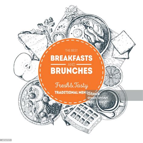 아침 식사 Brunches 레이블입니다 음식 메뉴 디자인 서식 파일입니다 빈티지 손으로 그린 스케치 벡터 일러스트입니다 서클 개념입니다 새겨진된 이미지 베이컨에 대한 스톡