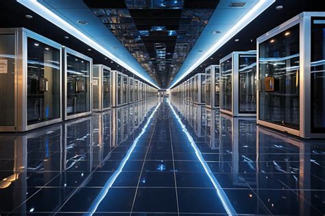 Data Center Interior With Rows Of Servers And Advanced Cooling Systems