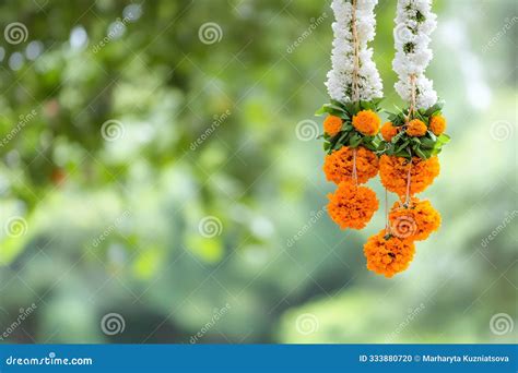 Traditional Indian Floral Garland Toran Made Of Marigold Or Zendu Flower Decorated Temple Or