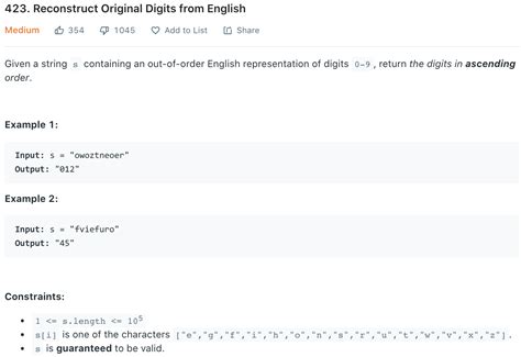 Leetcode 423 Reconstruct Original Digits From English Snailtyan